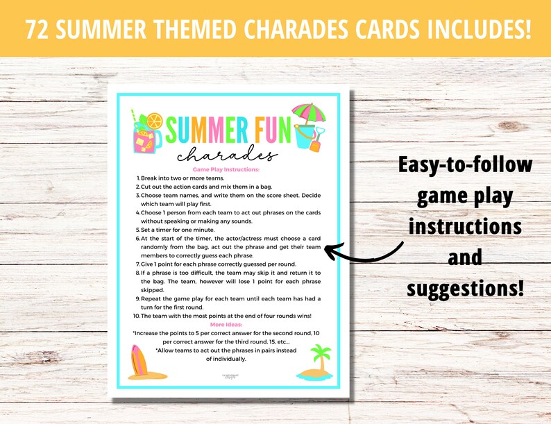 Summer Charades Cards, Printable Charades Cards, Charades for Kids ...