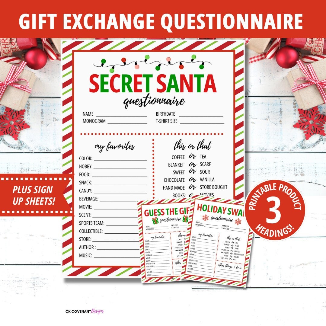 Secret Santa Questionnaire, Holiday Christmas Gift Exchange, Gift ...