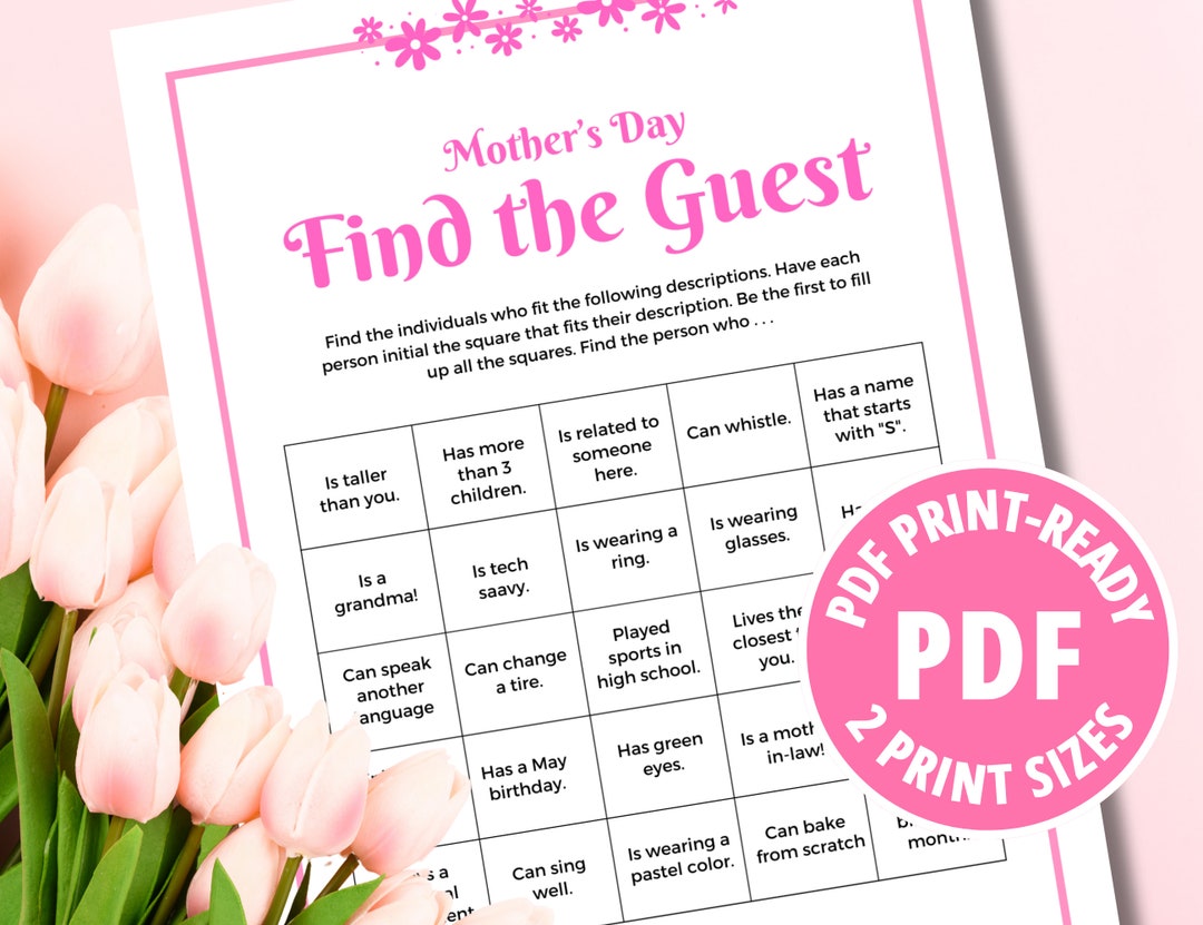 Mother’s Day Find the Guest Bingo Game, Mothers Day Games Bundle ...