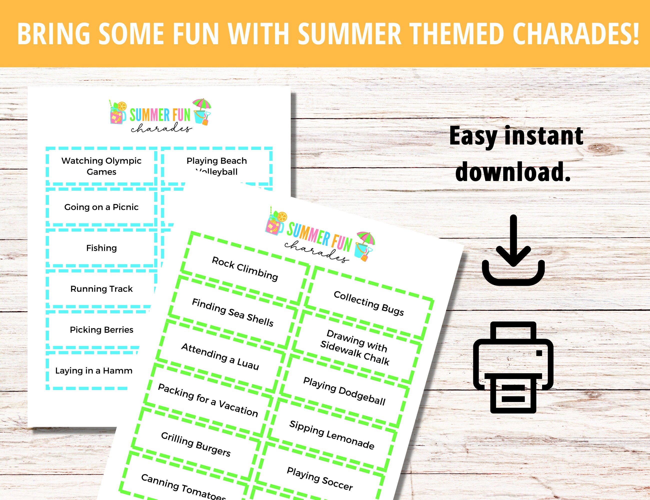 Summer Charades Cards, Printable Charades Cards, Charades for Kids ...