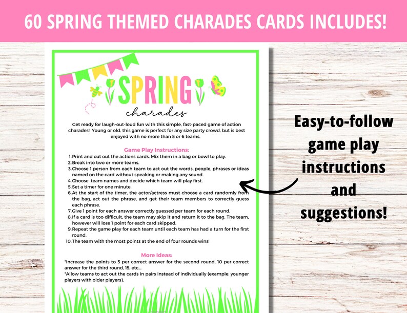 Printable Charades, Charades Cards, Spring Charades Action Cards, Party ...