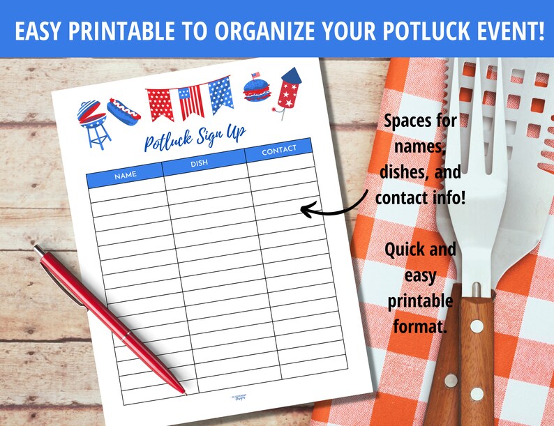 Independence Day Fourth of July Potluck Sign up Sheet, Potluck Sign Up ...