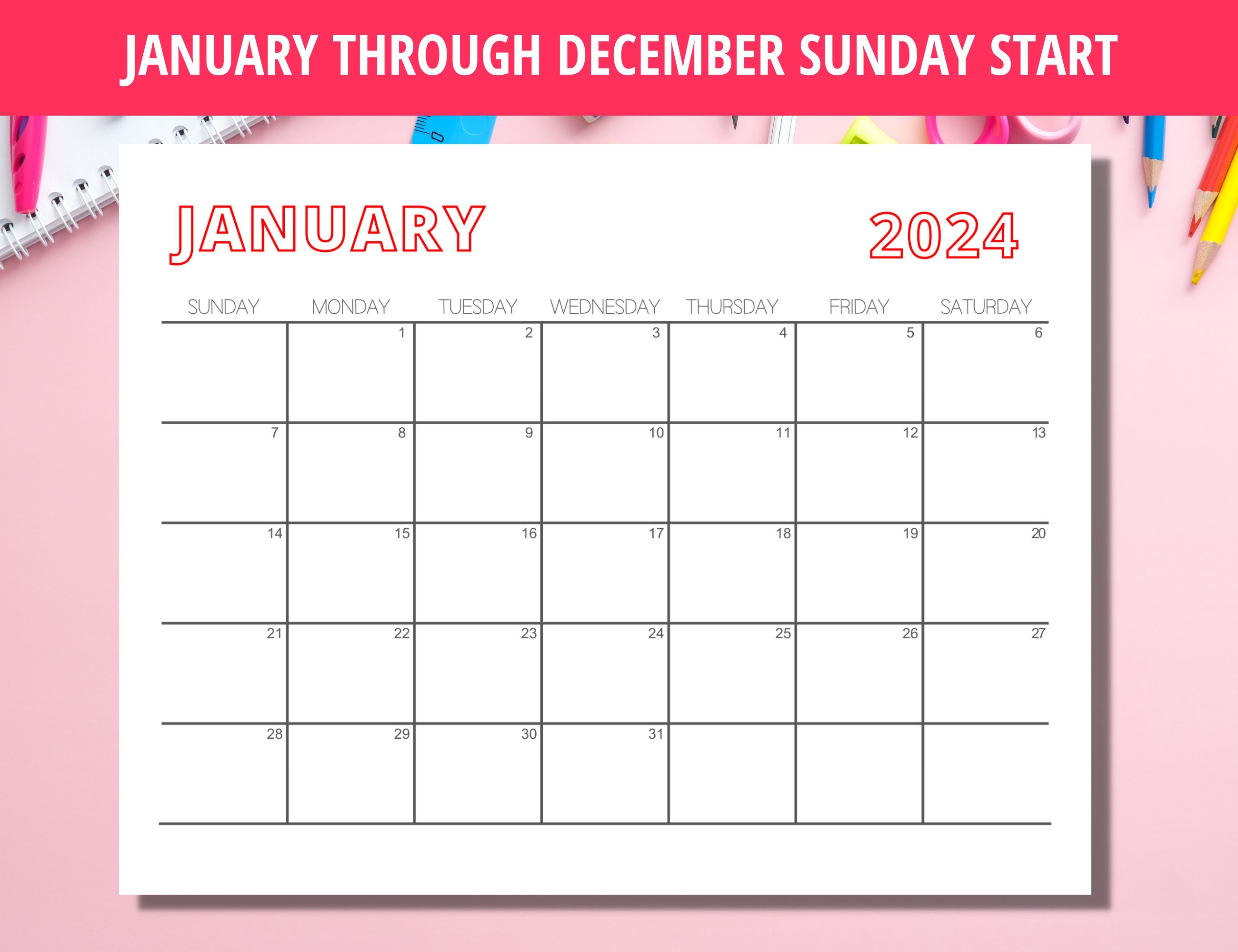 Printable 2023 2024 Calendar, Calendar Download, Horizontal Calendar ...