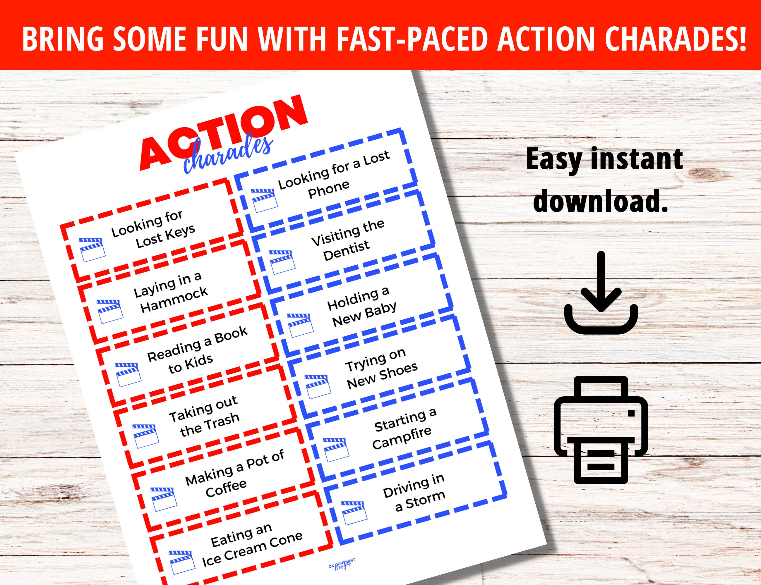 Printable Charades, Charades Cards,charades Action Cards, Party Game ...