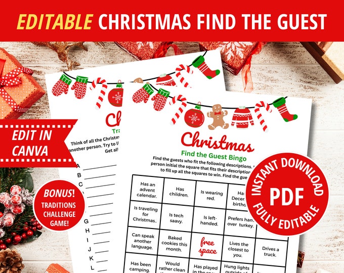 Find the Guest Christmas Game, Find the Guest Bingo, Christmas Party ...