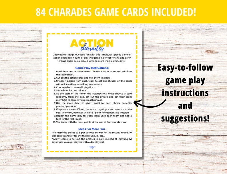Printable Charades, Charades Cards,charades Action Cards, Party Game ...