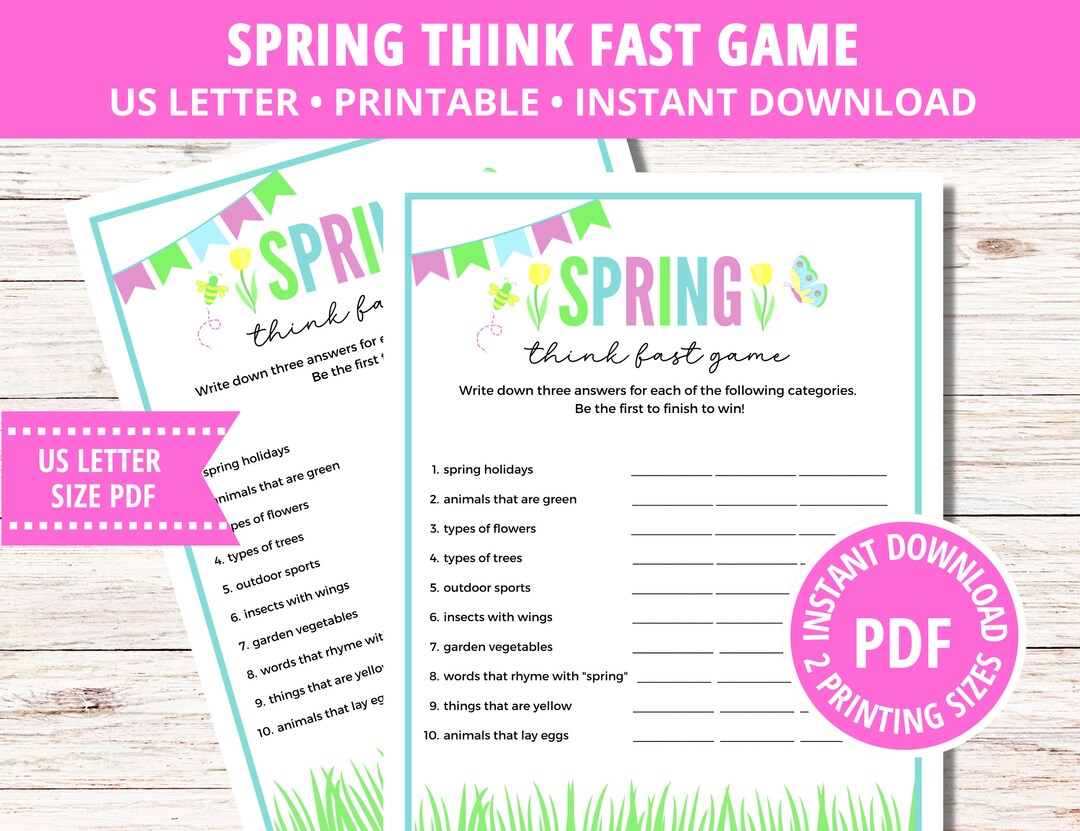 Think Fast Game, Printable Spring Think Fast Game, Party Game, Spring ...