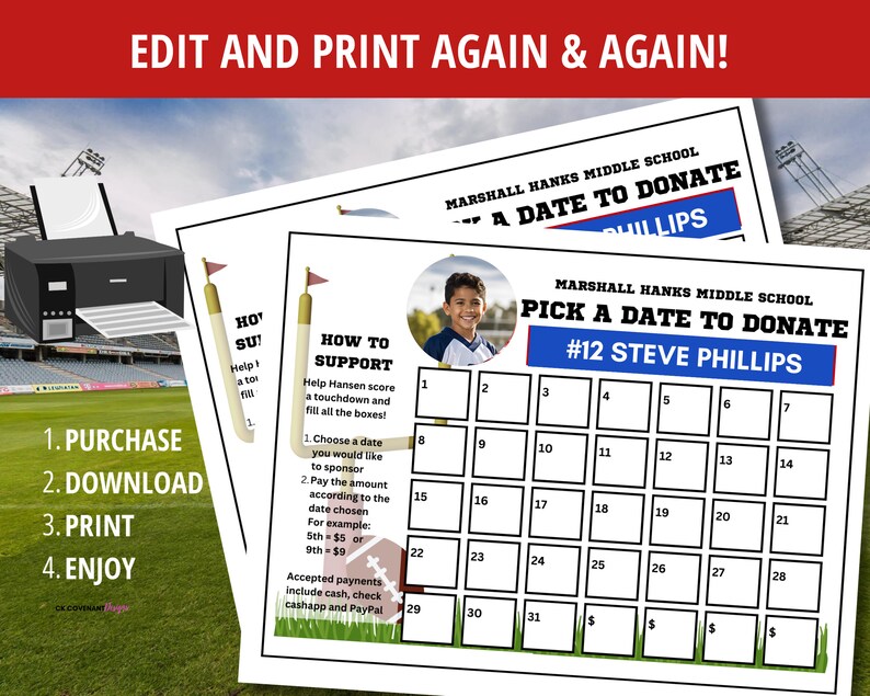 Football Fundraiser, Editable, Pick a Date to Donate Printable ...