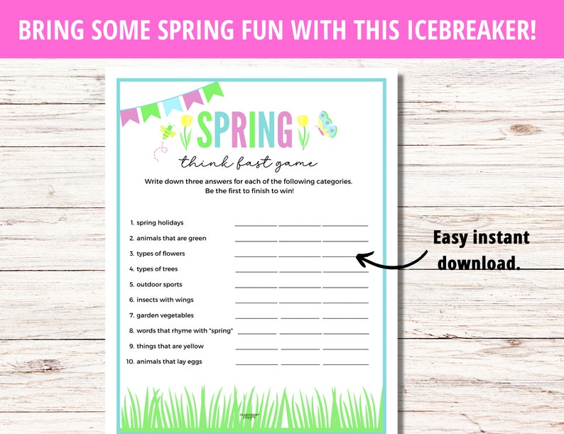 Think Fast Game, Printable Spring Think Fast Game, Party Game, Spring ...