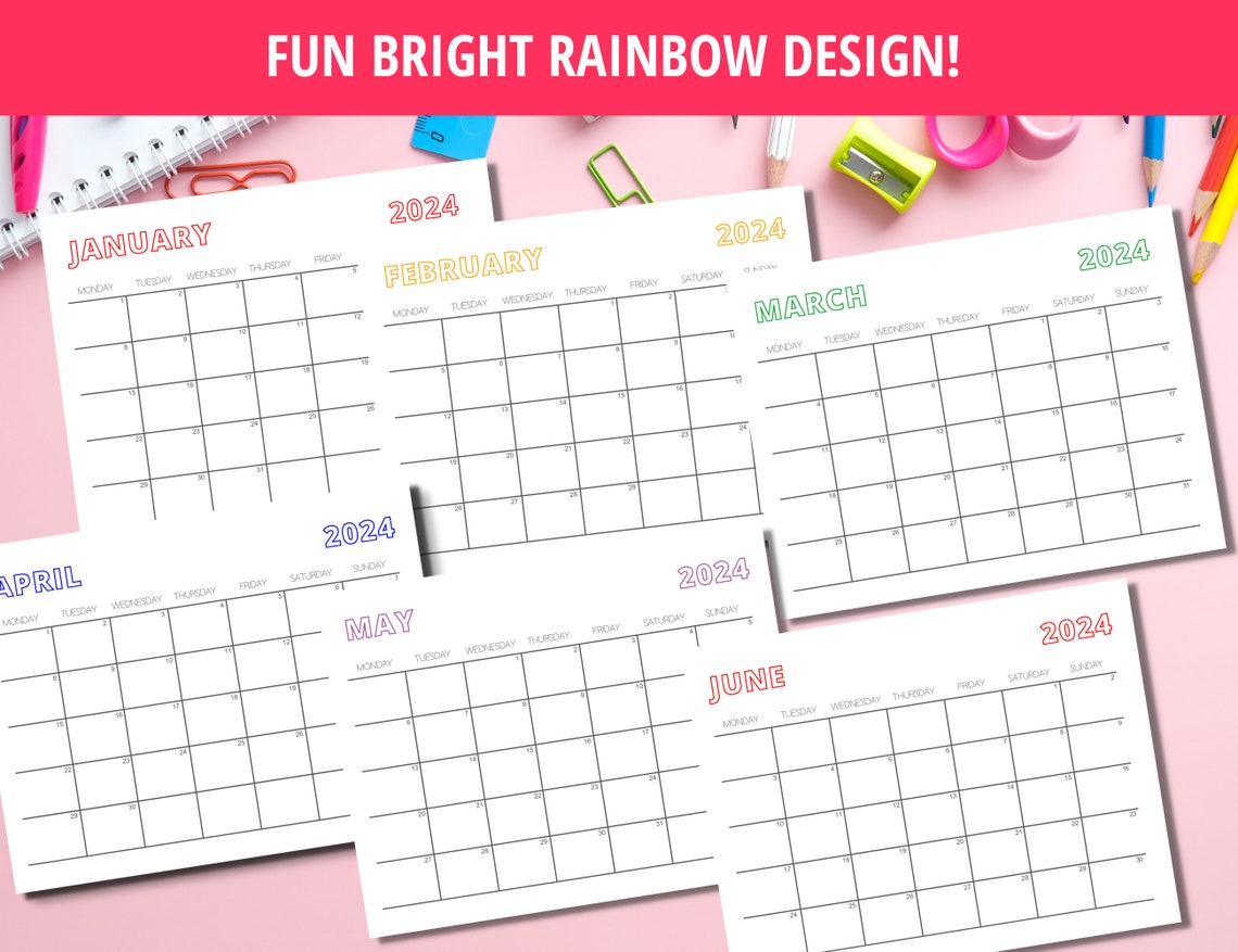 Printable 2023 2024 Calendar, Calendar Download, Horizontal Calendar ...