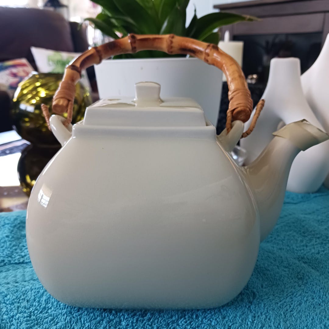 Vintage Pottery Barn Teapot: Square Ceramic Design With Bamboo Handle ...