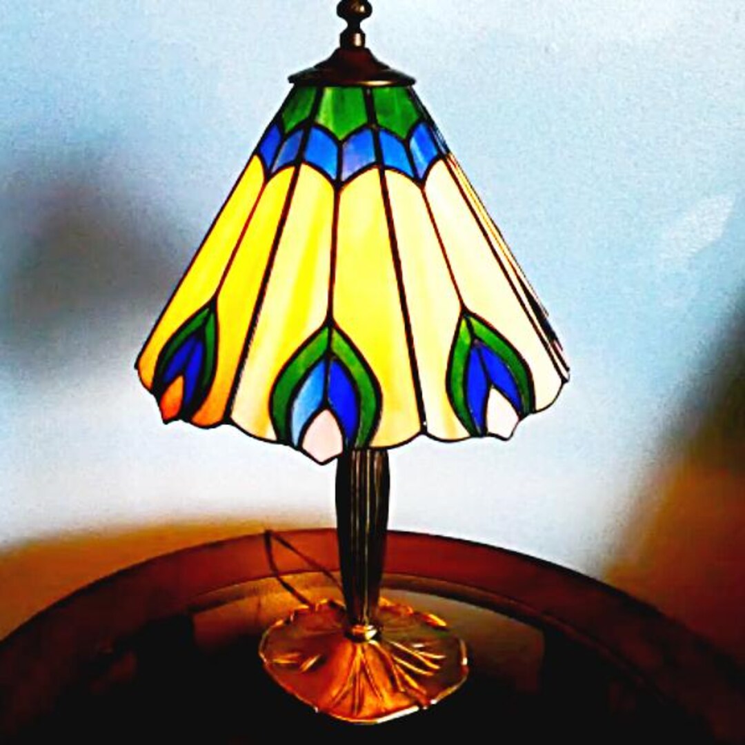 Leviton Stained Glass Lamp, Bronze Base, Working Order, EUC, Blue and ...