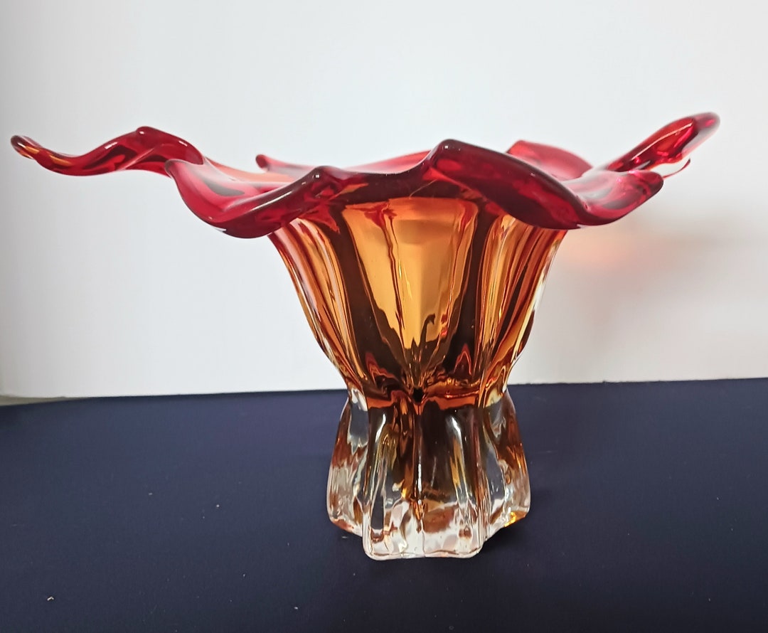 Amberina Art Glass Short Vase, Beautiful Red and Orange Gold Colors ...