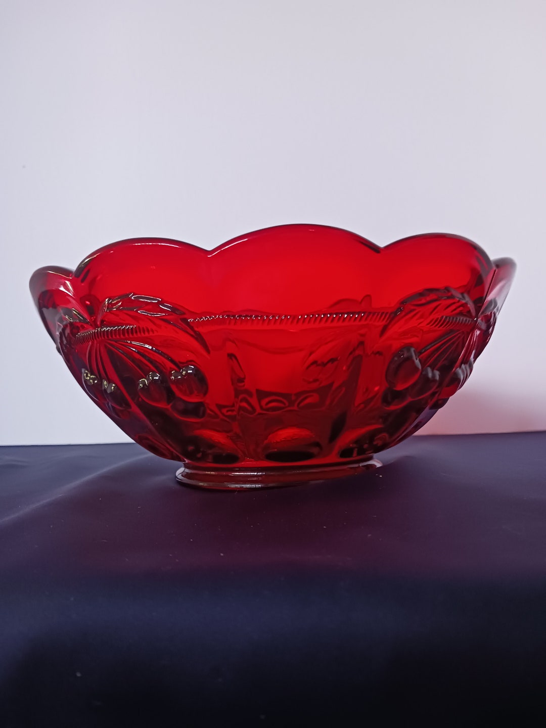 Ruby Red Moser Vintage Glass Bowl, Cherry Design With Scalloping ...