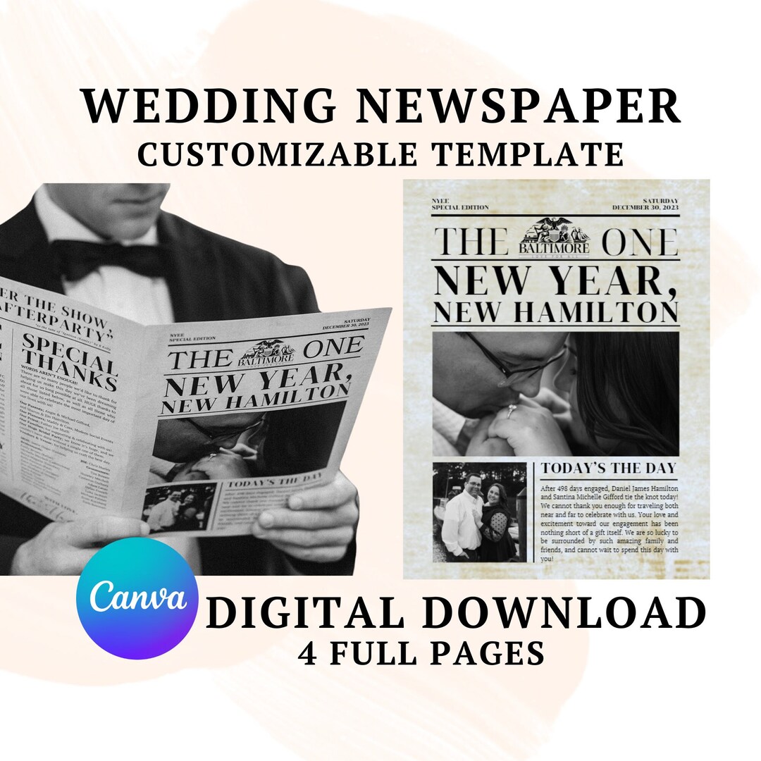 Custom Wedding Newspaper Template, 4-page Newlywed Times (digital ...