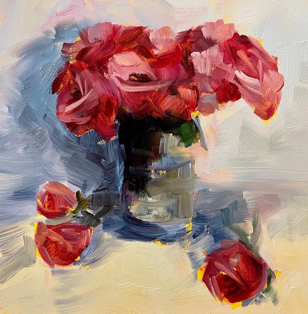 Floral Painting Red Roses Glass Vase, Blue Background Title tipping ...
