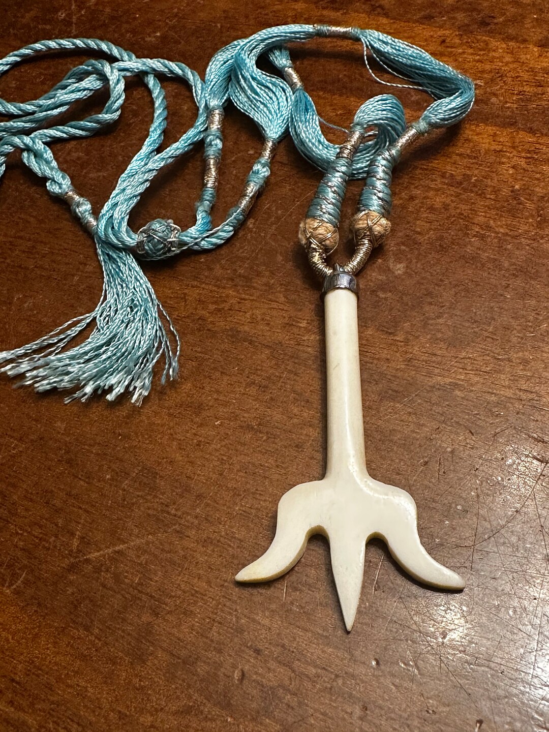 Vintage Hand Carved Water Buffalo Bone Trishula Pendant Necklace ...