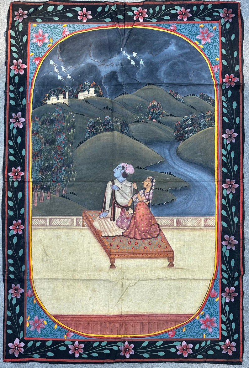 Antique Indian Folk Art Rajasthani Painting Krishna W Gopi Rajput ...