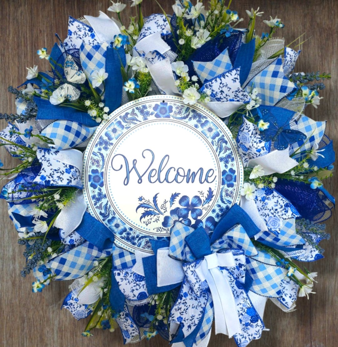 Door Wreath Welcome Wreath Blue & White Wreath Flower Wreath Country ...