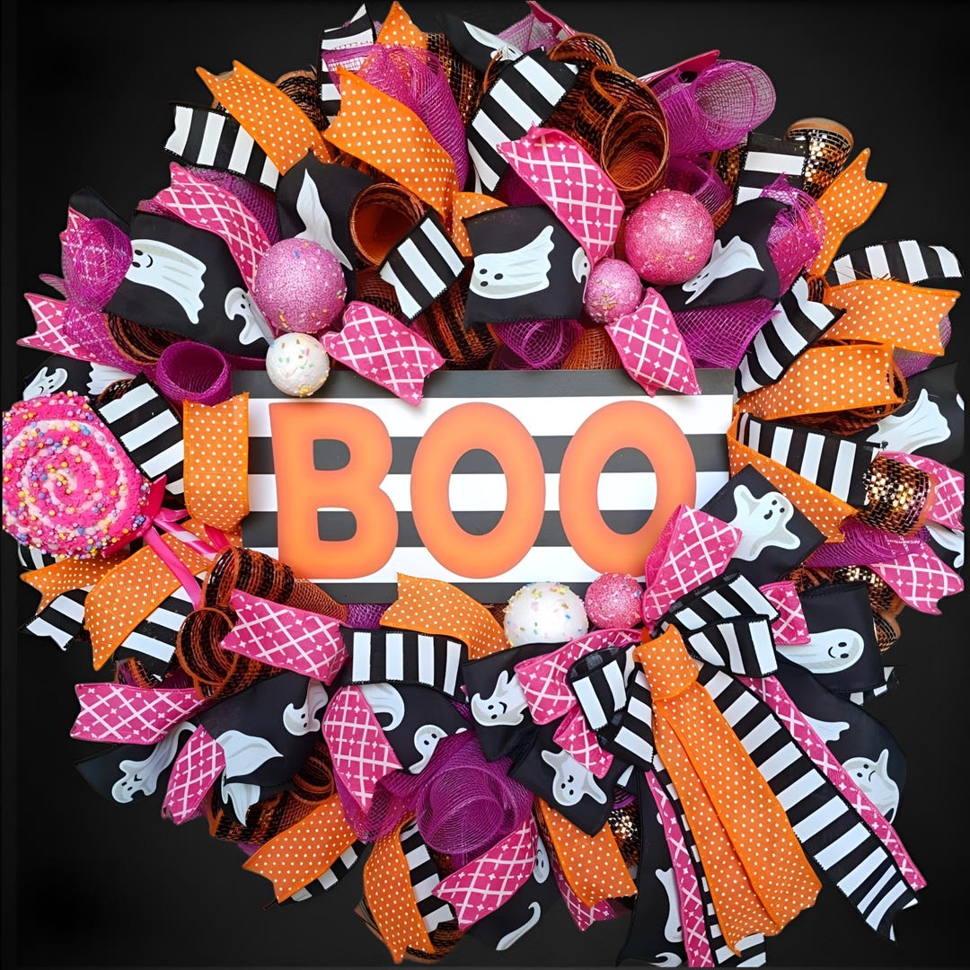 Halloween Ghost Wreath| Boo Wreath| Pink & Orange Wreath| Door Hanger ...