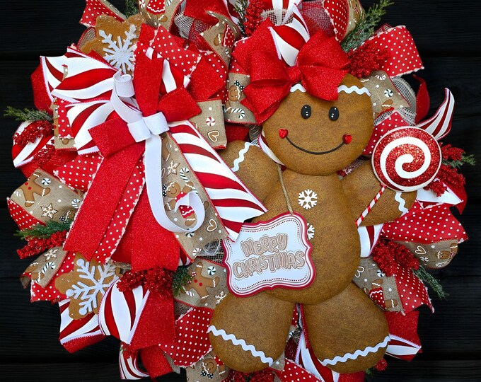 Red and Green Gingerbread Wreath Christmas Wreath Christmas Porch Decor ...