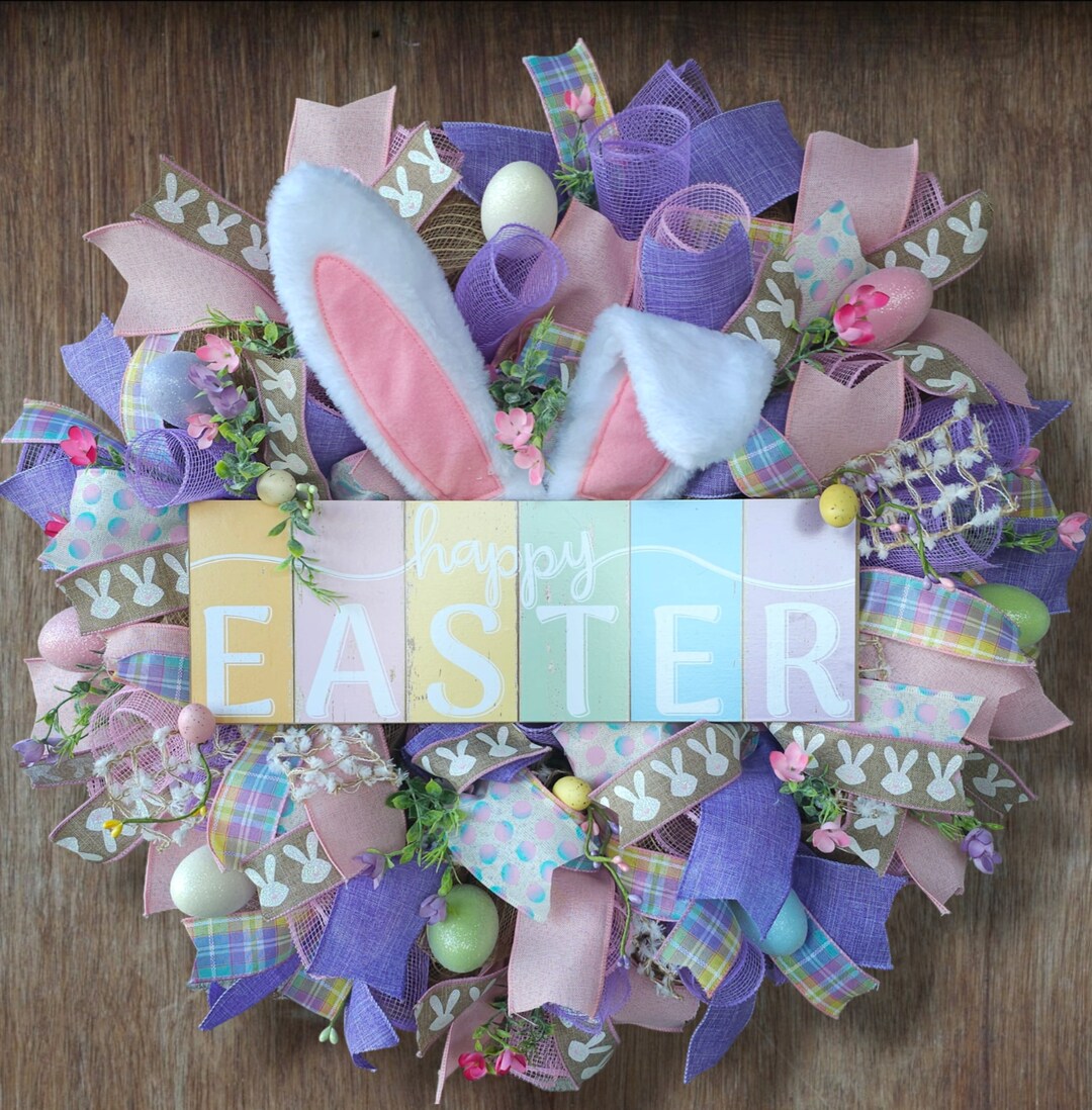 Easter Bunny Wreath Bunny Ears Wreath Pastel Colors Easter Wreath Front ...