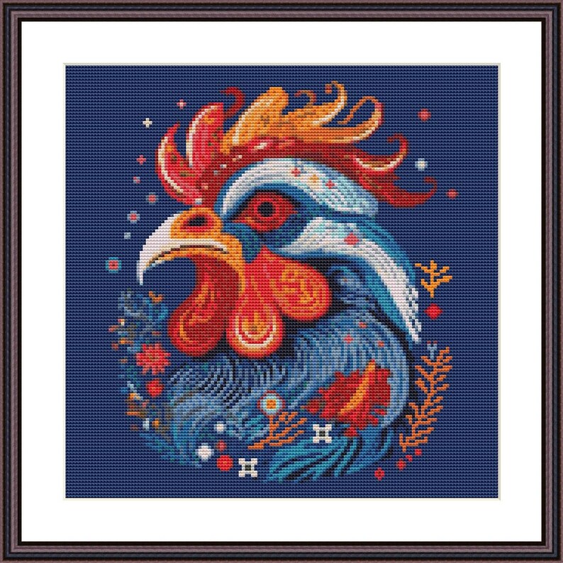 Folk Art Rooster Cross Stitch Pattern - Download Cross Stitch Pattern - Folksy Rooster Cross ...
