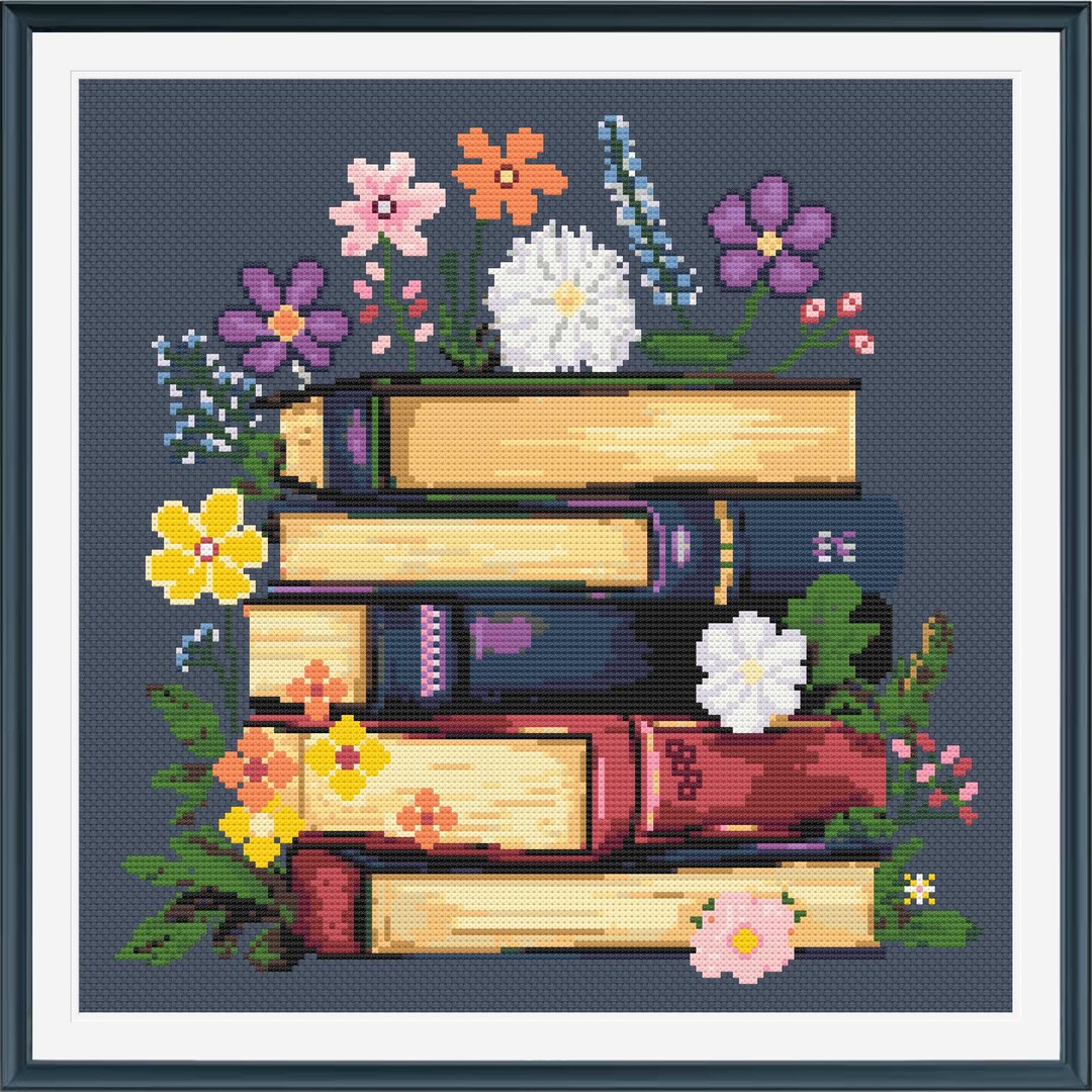 Flowering Bookstack Cottage Core Cross Stitch Pattern - Cross Stitch ...