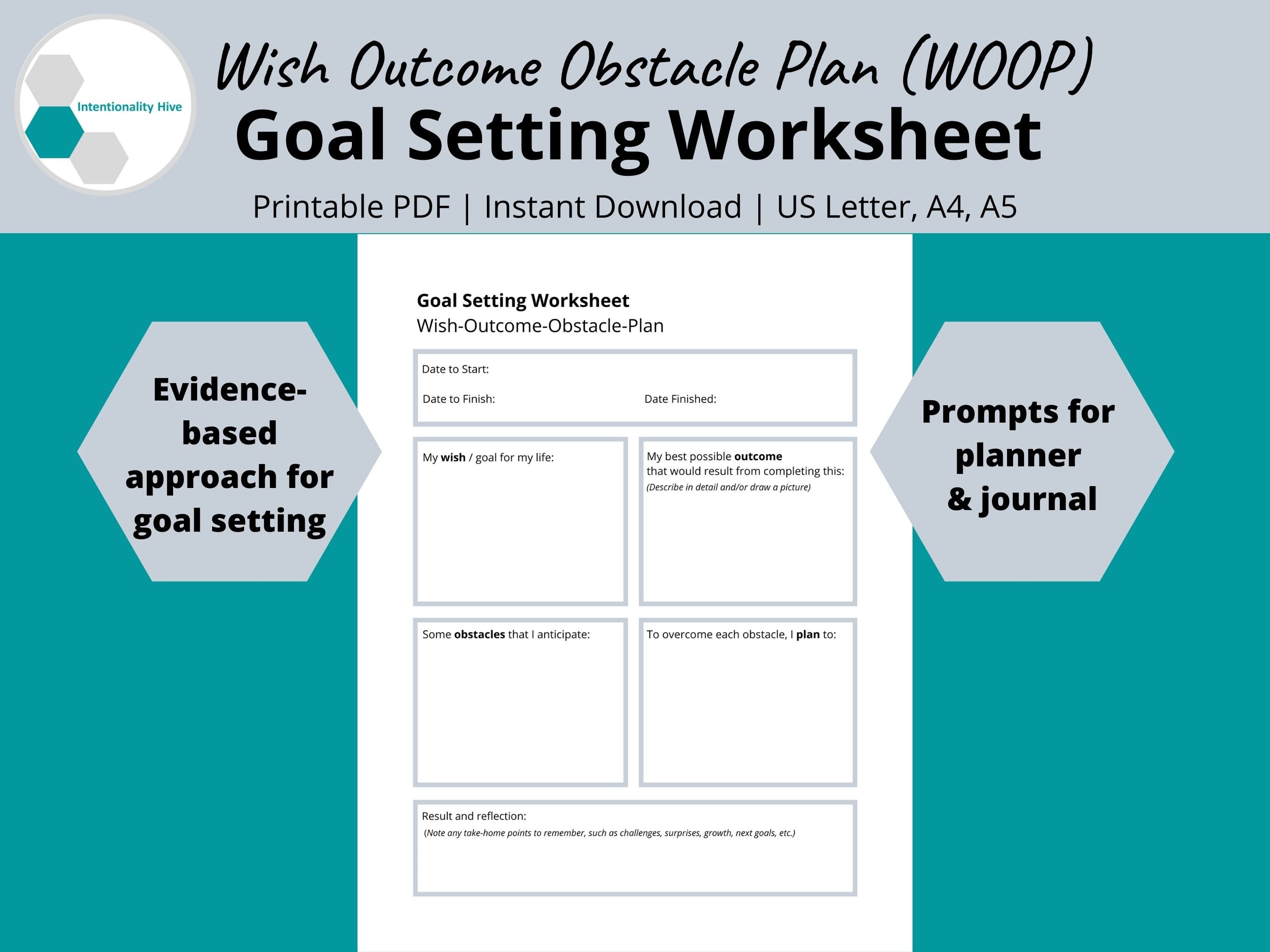 WOOP Goal Setting Wish Outcome Obstacle Plan Worksheet US | Etsy
