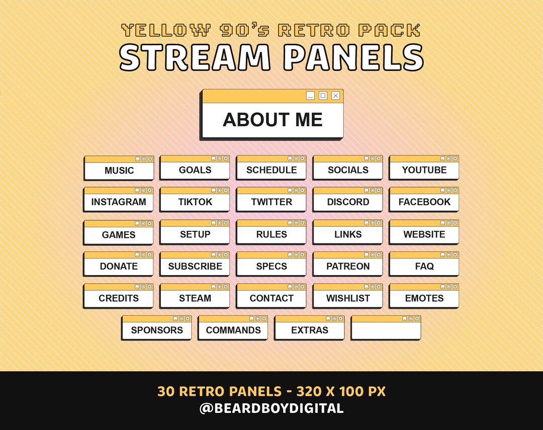 Yellow 90's Retro Panels Pack for Twitch | Stream Panels, OBS, Stream ...