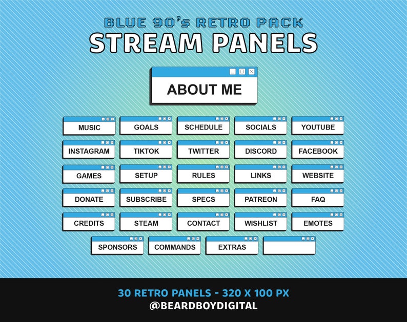Blue 90's Retro Panels Pack for Twitch | Stream Panels, OBS, Stream ...