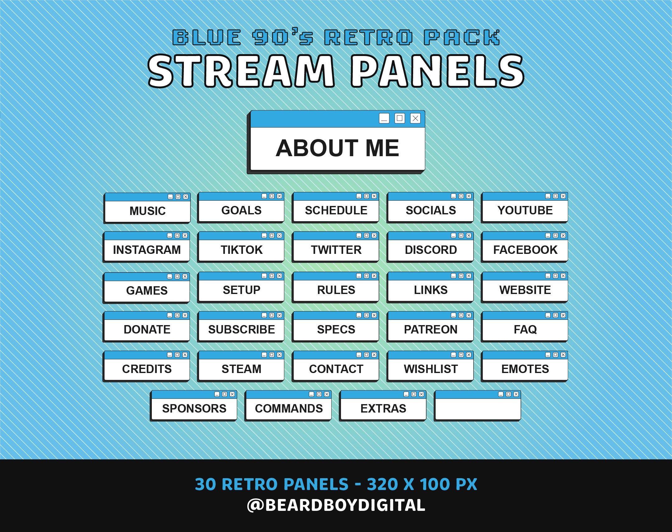 Blue 90's Retro Panels Pack for Twitch | Stream Panels, OBS, Stream ...