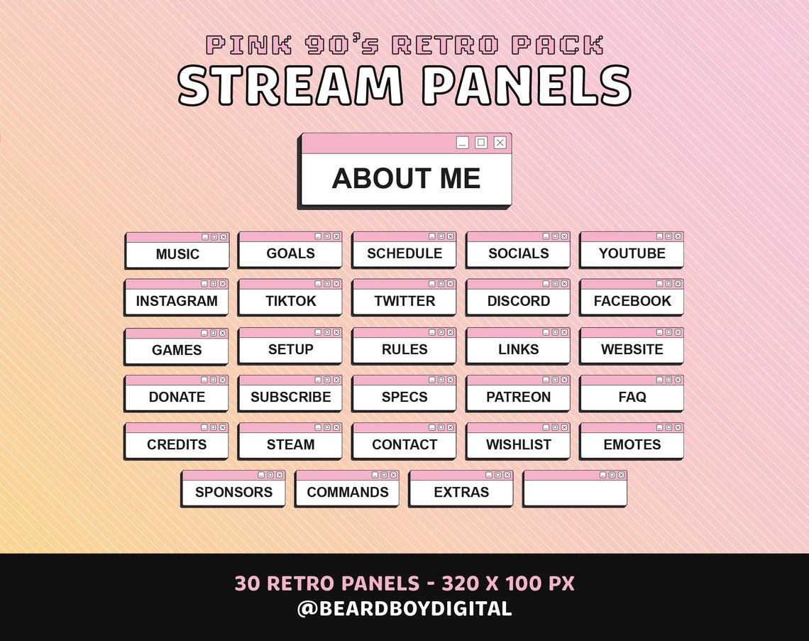 Pink 90's Retro Panels Pack for Twitch | Stream Panels, OBS, Stream ...