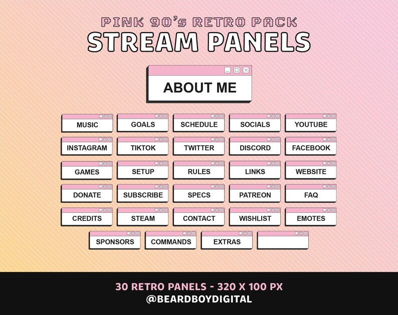 Pink 90's Retro Panels Pack for Twitch | Stream Panels, OBS, Stream ...