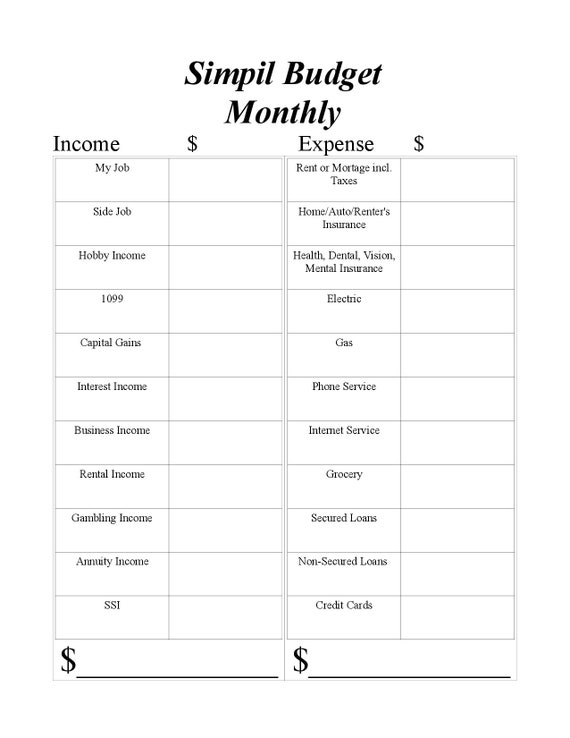 Simple Budget Worksheet - Etsy
