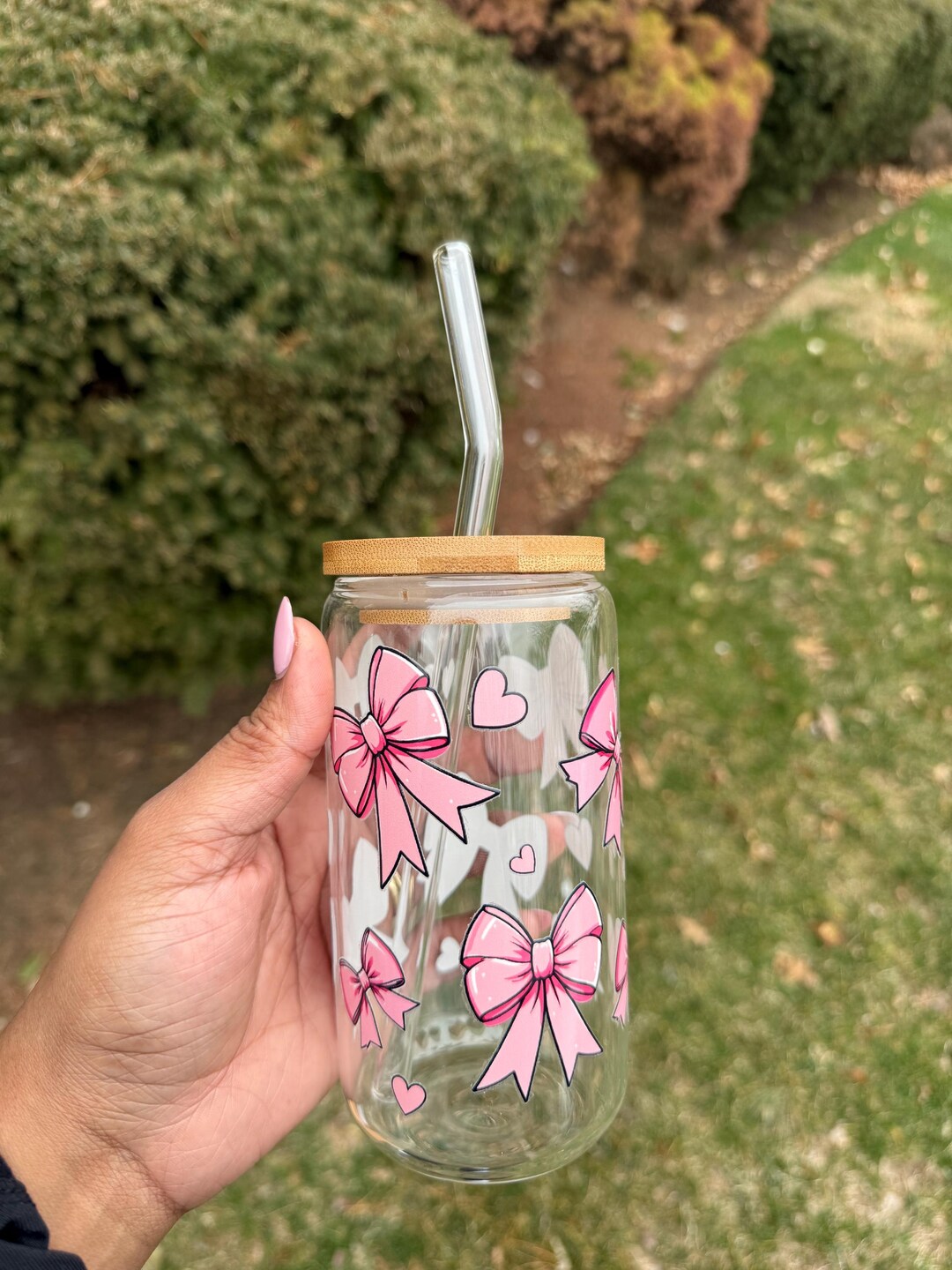 Pink Bow Glass Can Cup 16oz | Girlies Gift | Pink Cup | Personalised ...