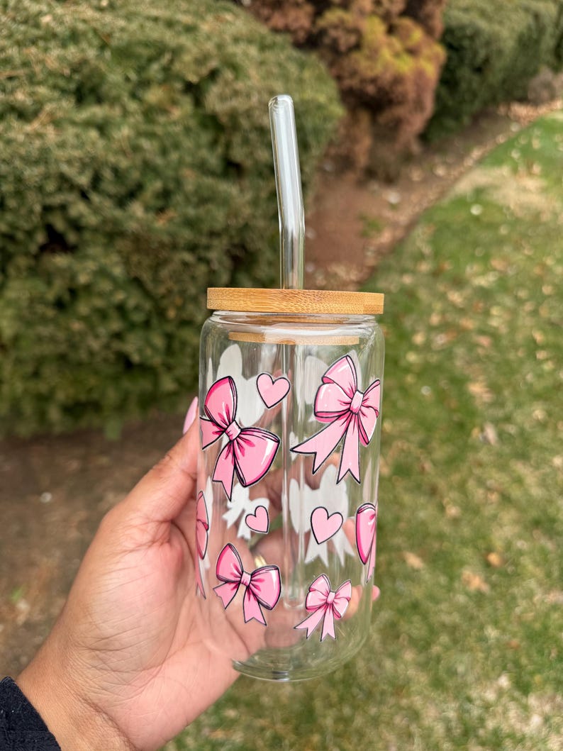 Pink Bow Glass Can Cup 16oz | Girlies Gift | Pink Cup | Personalised ...