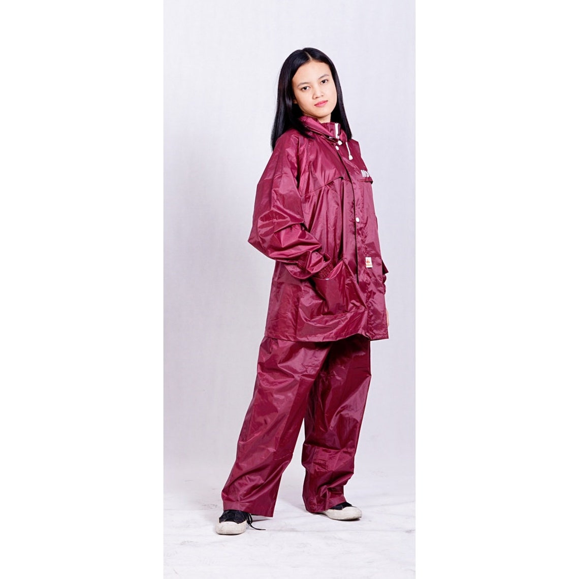 Nylon Raincoat Suit Jacket and Trousers With Attached Hood, Rubber ...