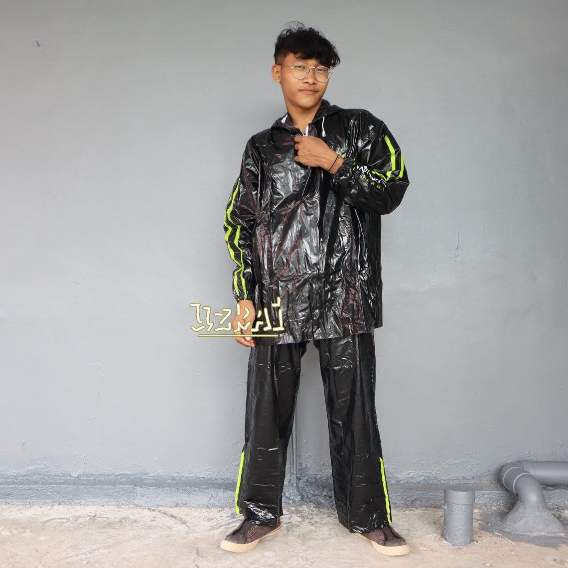 Raincoat Jacket and Pants With Zipper and Hood PVC Material Rainsuit ...