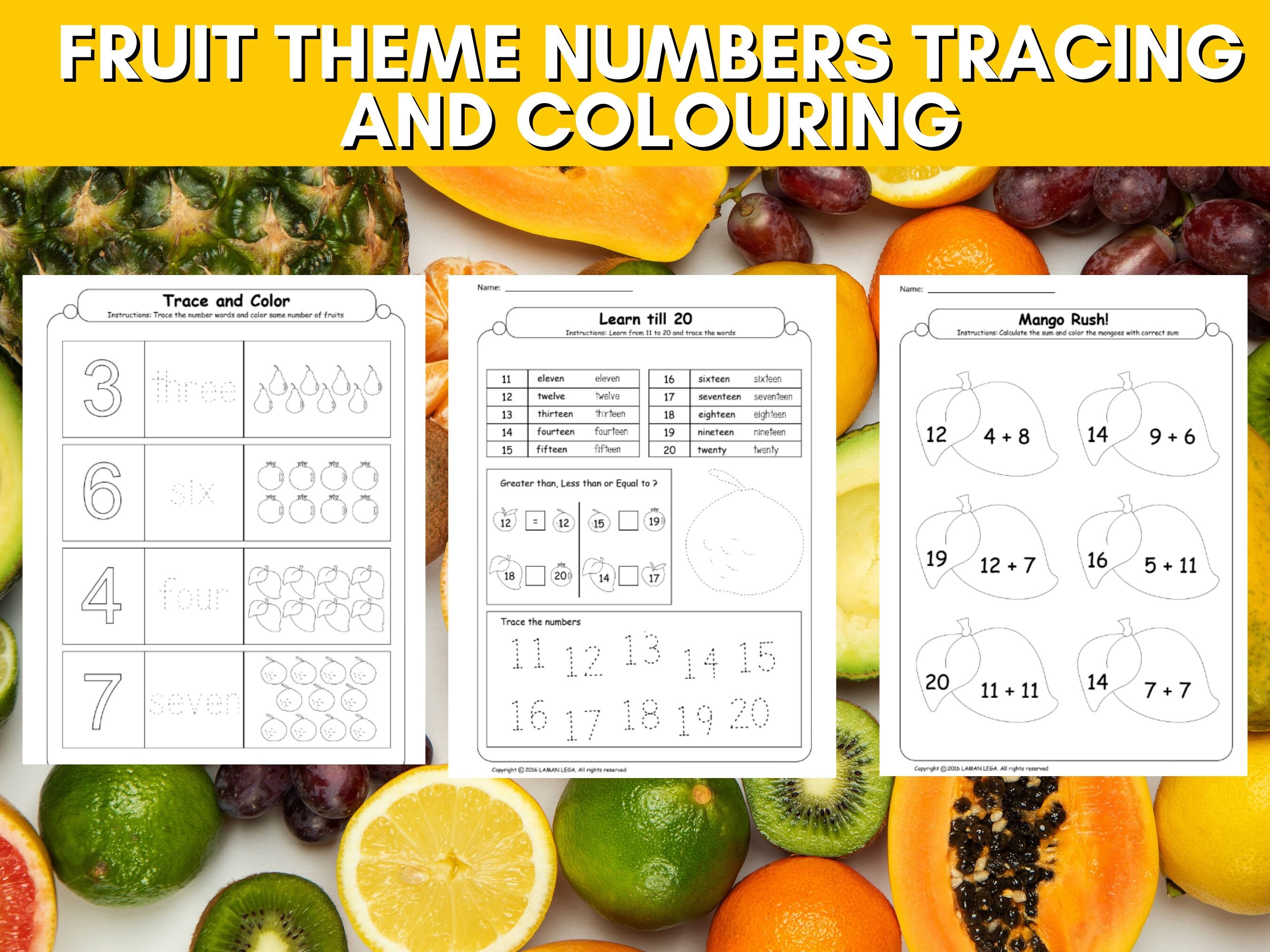 1-100 Number Tracing and Coloring Fruits Theme • 20 PDF Printable Pages ...