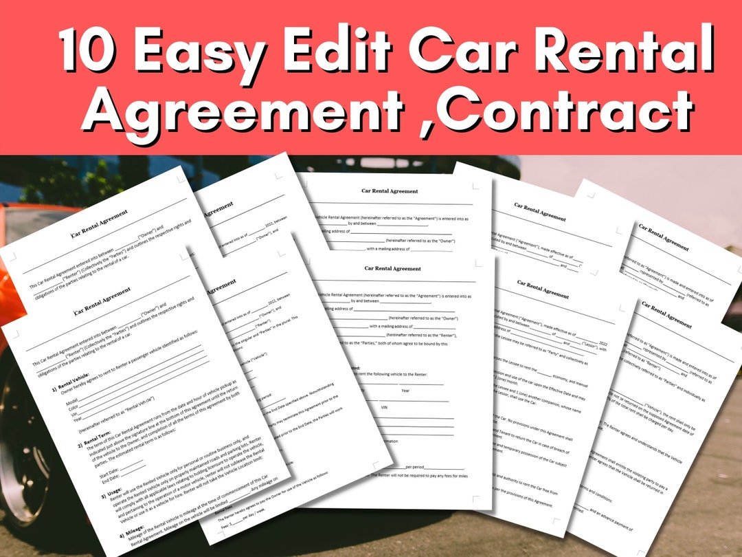 10 Easy Edit Car Rental Agreement, Car Rental Rental Contract, Editable ...