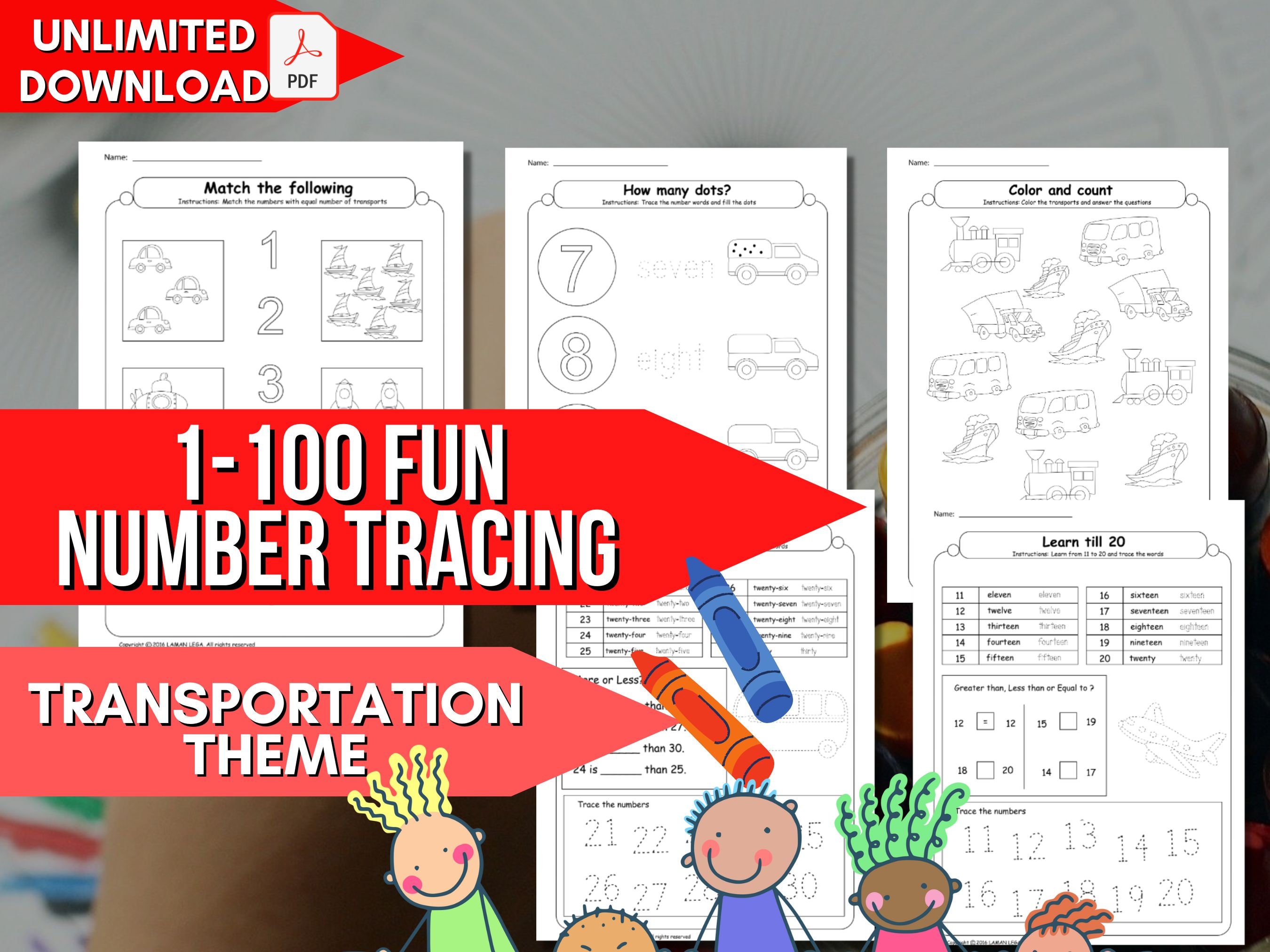 1-100 Number Tracing and Coloring Transportation Theme • 20 PDF ...