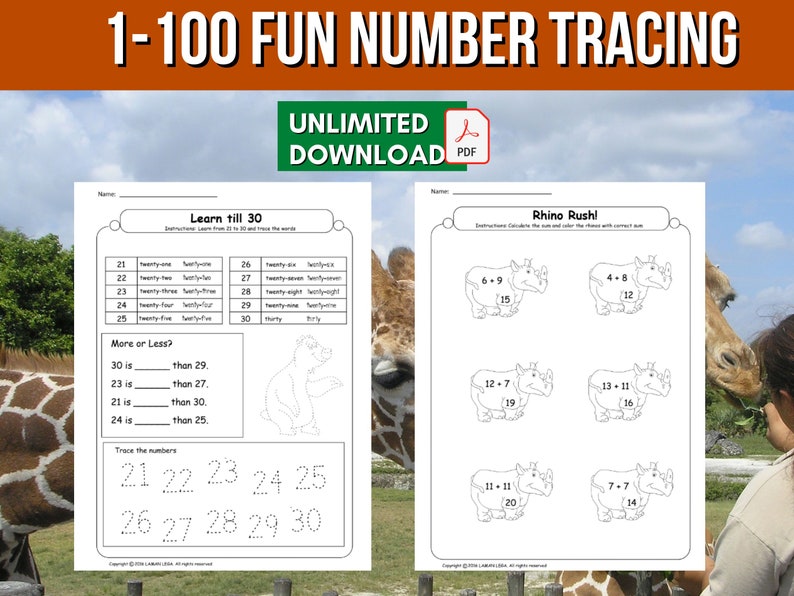 1-100 Number Tracing and Coloring Zoo Animal Theme • 20 PDF Printable ...