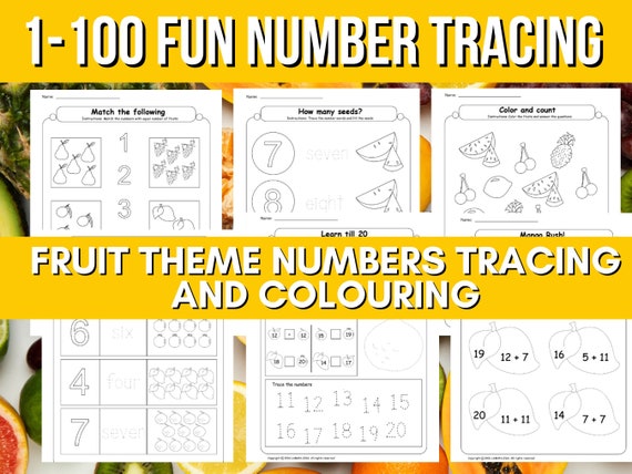1-100 Number Tracing and Coloring Fruits Theme 20 PDF - Etsy