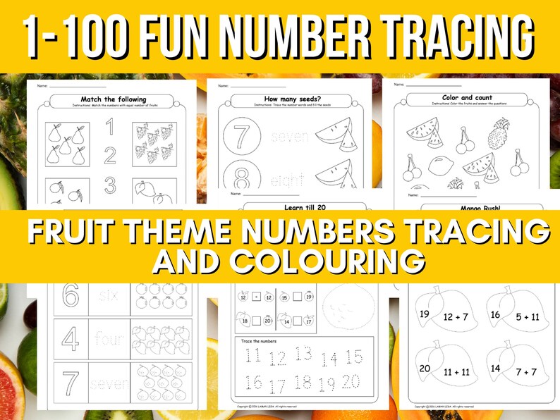 1-100 Number Tracing and Coloring Fruits Theme • 20 PDF Printable Pages ...