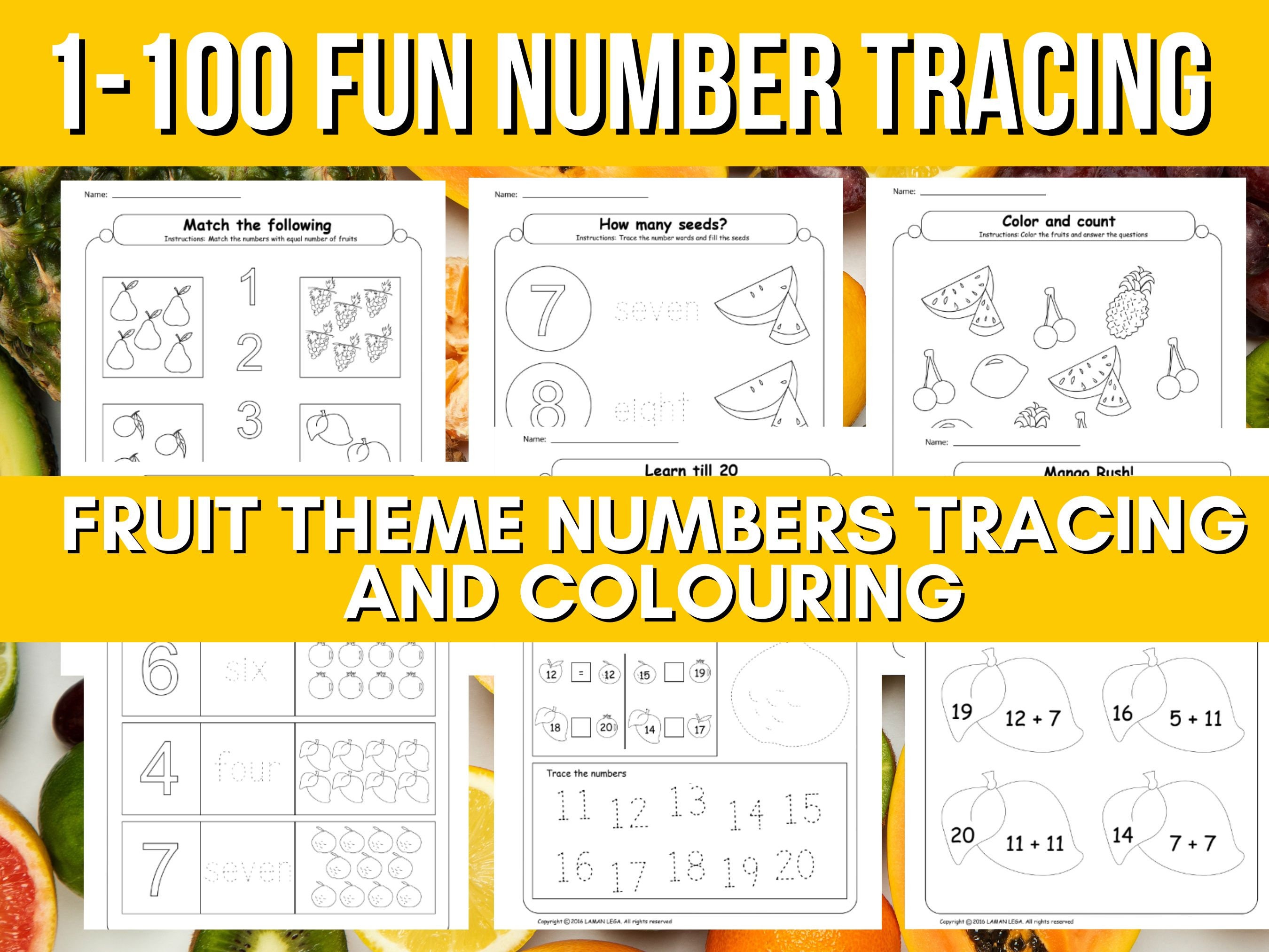 1-100 Number Tracing and Coloring Fruits Theme • 20 PDF Printable Pages ...