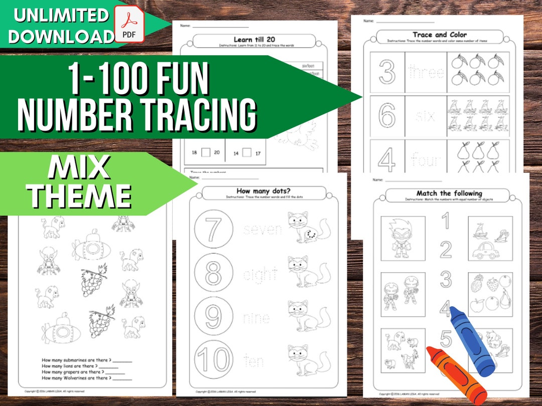 1-100 Number Tracing and Coloring Mix Theme • 20 PDF Printable Pages ...