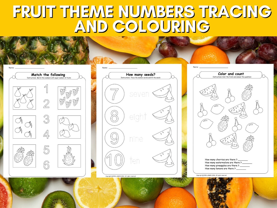 1-100 Number Tracing and Coloring Fruits Theme • 20 PDF Printable Pages ...