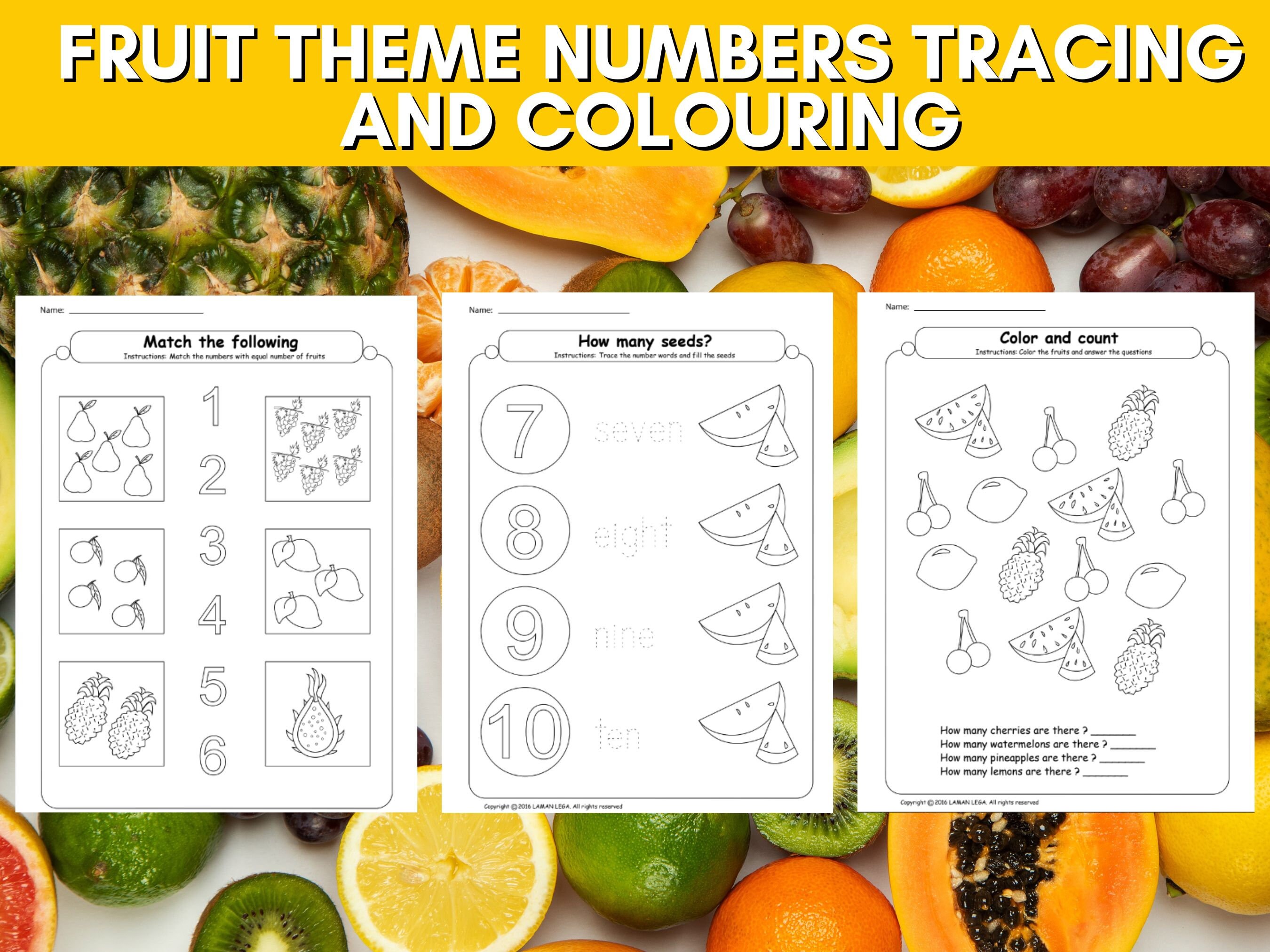 1-100 Number Tracing and Coloring Fruits Theme • 20 PDF Printable Pages ...