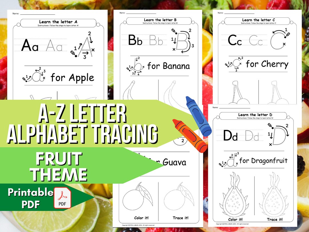 A - Z ALPHABET TRACING Fruit Theme• 26 PDF Printable Pages • Alphabet ...